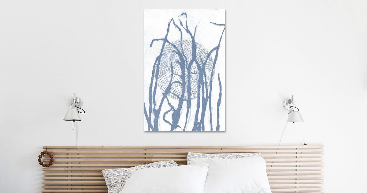 Ikigai. Zon en gras. Abstracte Zen kunst. Japanse stijl in blauw en wit IV van Dina Dankers op ...
